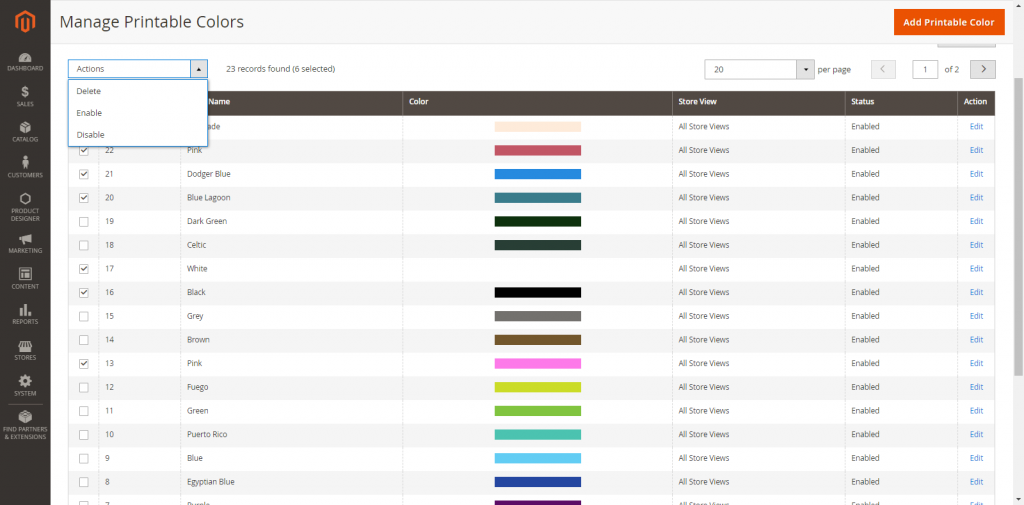 Manage Printable Colors – Backend List Delete | PrintXpand