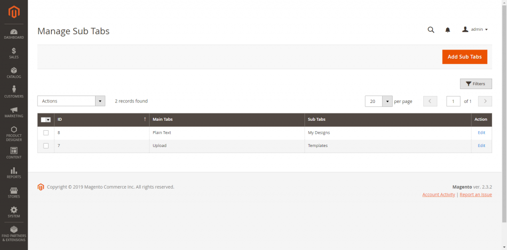 Manage Tabs and Sub Tabs – Sub Tabs List | PrintXpand
