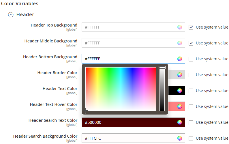 Global Settings -> Color Variables | PrintXpand