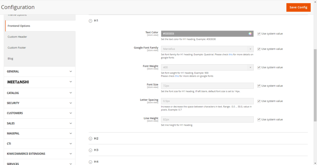 How to configure the color for different fonts like H1, H2, and so on