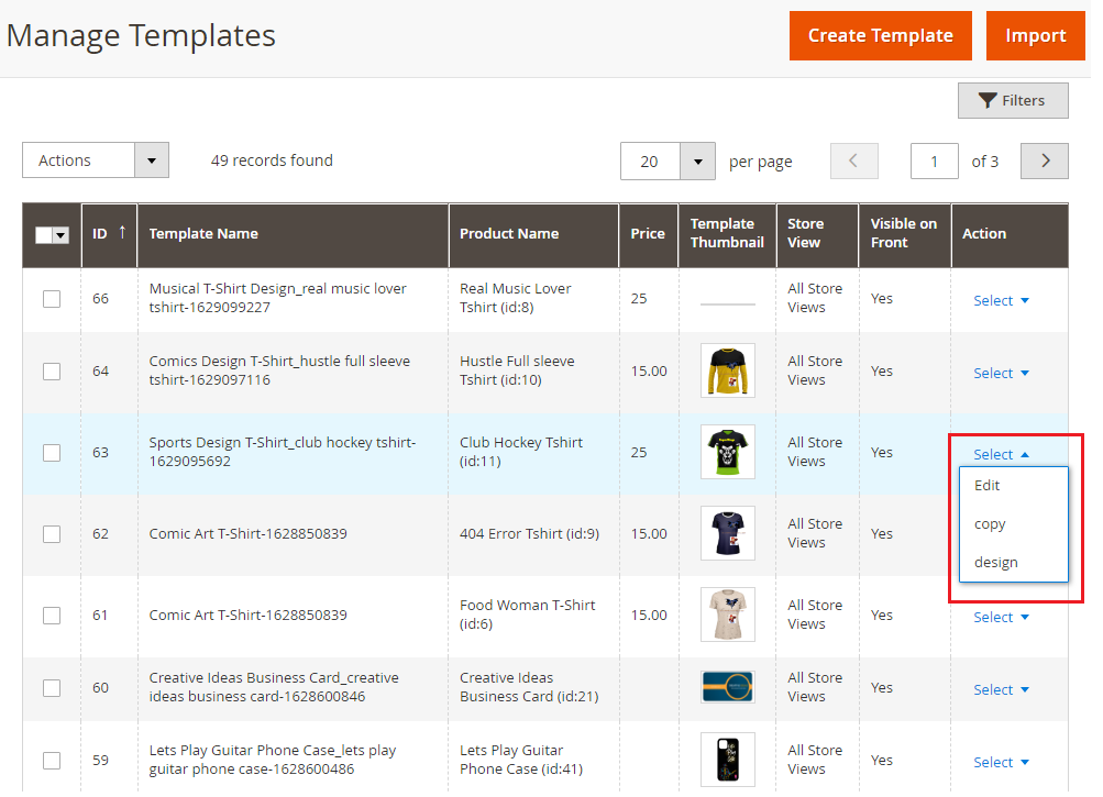 Template record options (Edit, Copy, & Design) | PrintXpand